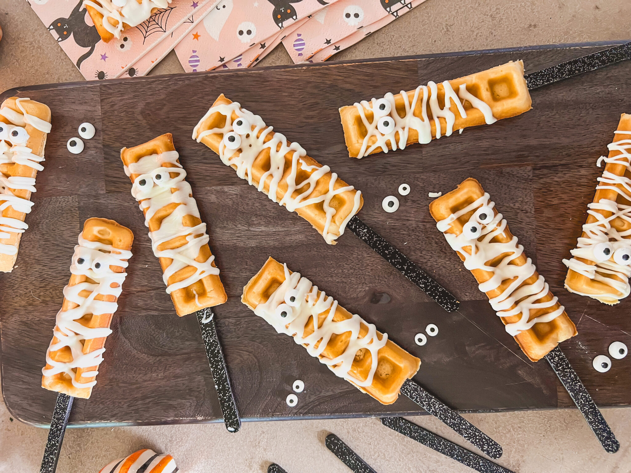 How to Make Simple and Spooky Waffle Mummy Sticks!