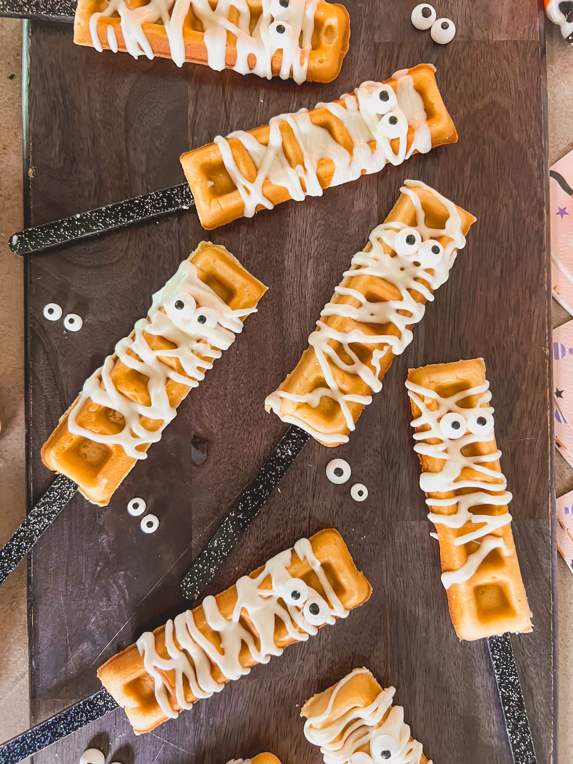 How to Make Simple and Spooky Waffle Mummy Sticks!